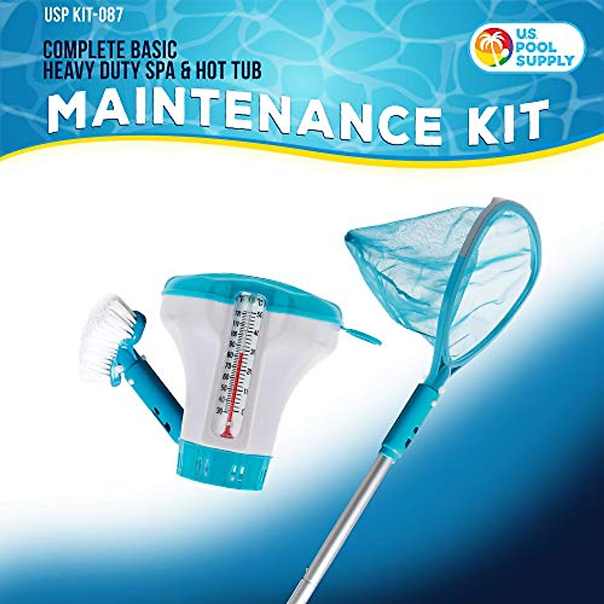 U.S. Pool Supply Professional Heavy Duty Spa, Hot Tub, Pond Cleaning & Maintenance Set - Small Skimmer Net, Deep Fine Mesh Netting, Spa Scrubbing Brush, 4 Ft Pole, Floating Chlorine Chemical Dispenser