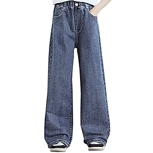 Sitmptol Teen Girls Blue Ripped Jeans Wide Leg High Waist Denim Trousers Loose Streetwear Jeans Baggy Pants Denim Blue 160 11-12 Years