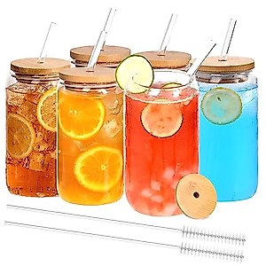Finew 6pcs Glass Cups with Bamboo Lids and Glass Straws, 16oz Beer Glasses Can Shaped Glass Cups, Clear Glass Cups, Cute Tumbler Cup, Ideal for Whiskey, Cocktail, Iced Coffee Gift- 2 Cleaning Brushes