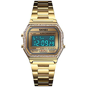 PASOY Men's Digital Gold Stainless Steel Watch Backlit Multifunction Stopwatch Waterproof Sport Watches (Gold with Crystal Bezel)