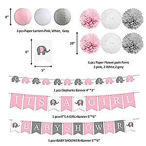 WOMRICH Girl Baby Shower Decorations Elephant Theme Set, Baby Shower Guestbook Elephant Sign Frame, It is a Girl Banners Elephant Garland Paper Lantern Paper Flower Pom Poms (Pink)
