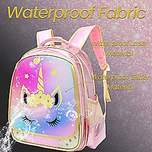 Mloovnemo Girls Elementary Primary School Bag Unicorn Backpack Diamond Glitter Princess School Backpack Large Capacity (Large, Pink Unicorn with sequins lunch bag)
