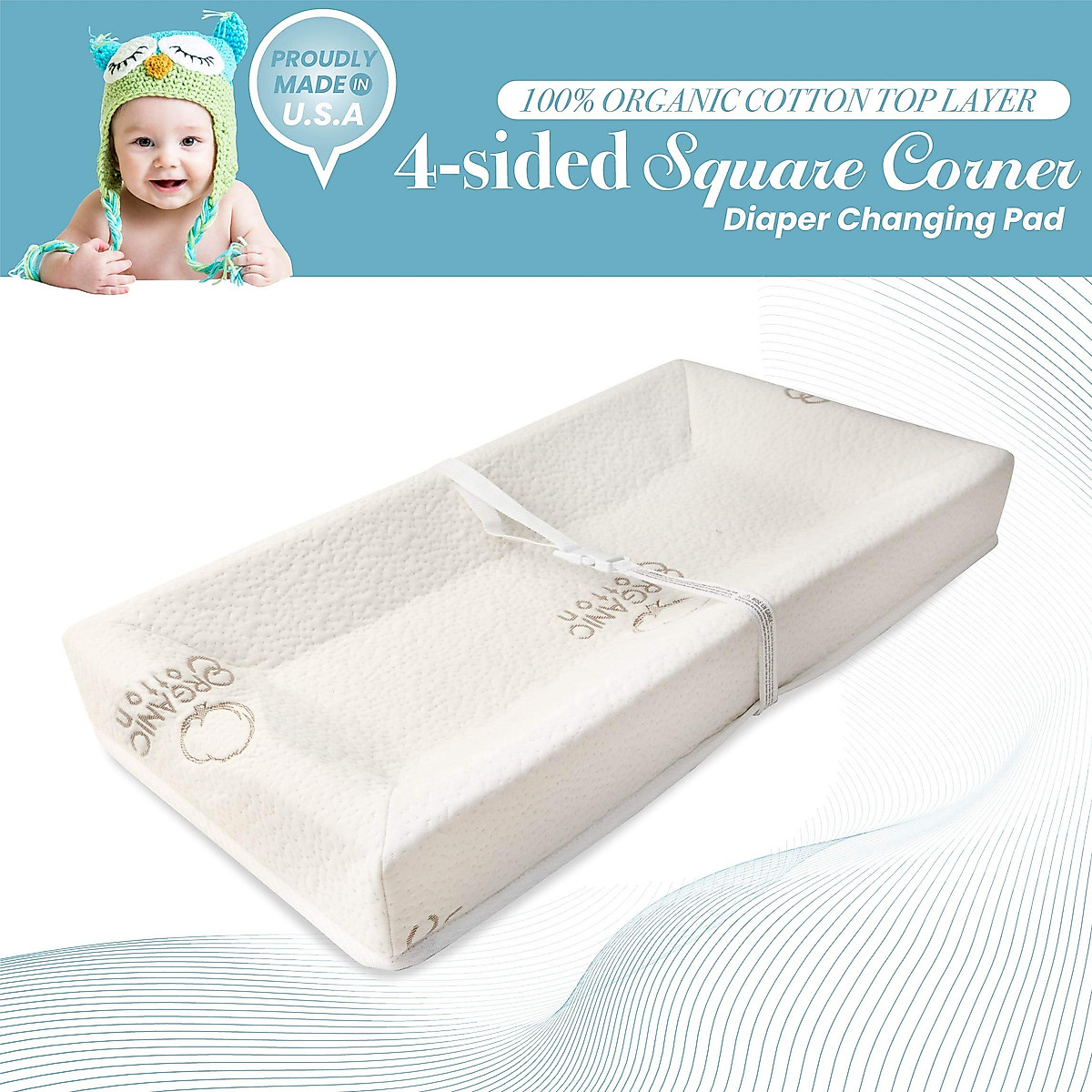 LA Baby 4-Sided Diaper Changing Pad, 32" with 100% Organic Cotton Top Layer on Waterproof Cover - Made in USA. Non-Skid Bottom, Safety Strap, Fits All Standard Changing Tables/Dresser Tops