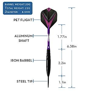 KingHtao Steel Tip Darts Set 22 Gram- Standard PET Flights, Aluminum Dart Shafts,with O Rings, Extra Aluminiu Shafts, Dart Flights and Portable Darts Case (3pcs/Pack) (Purple)