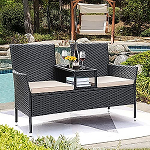Devoko Outdoor Patio Loveseat Modern Rattan Patio Conversation Furniture Set with Cushions & Built-in Coffee Table Porch Furniture for Garden Lawn Backyard (Beige)