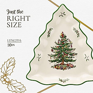 Spode Christmas Tree Collection Tree Shaped Dish, 10-Inch, Made of Porcelain, Serving Dishes, Christmas Tree Design, Green/Beige, Dishwasher and Microwave Safe