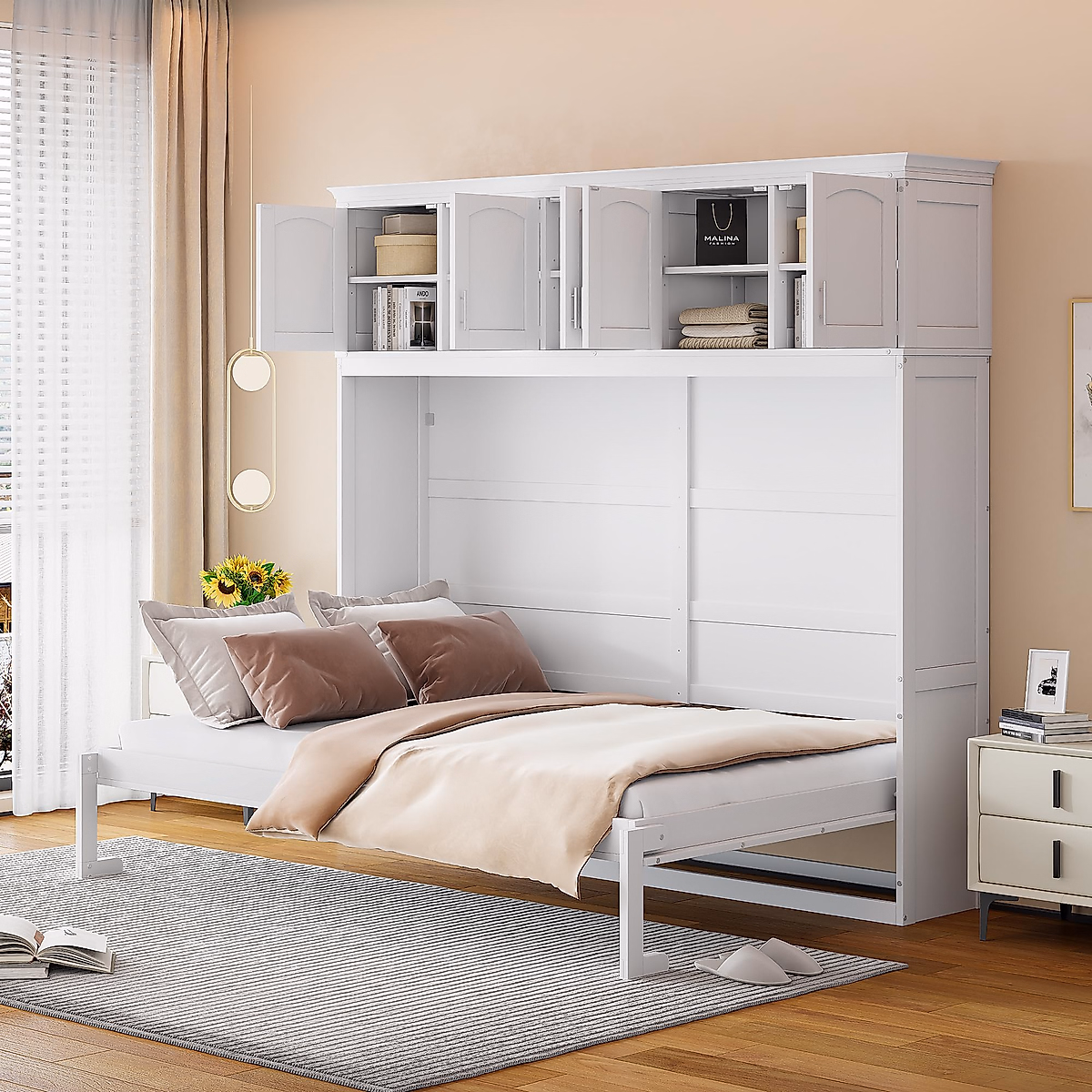 Merax Farmhouse Solid Wood Murphy Bed Chest with Top Cabinets, Storage Wall Platform Bed with Wood Slat Support/Space Saving Queen,White