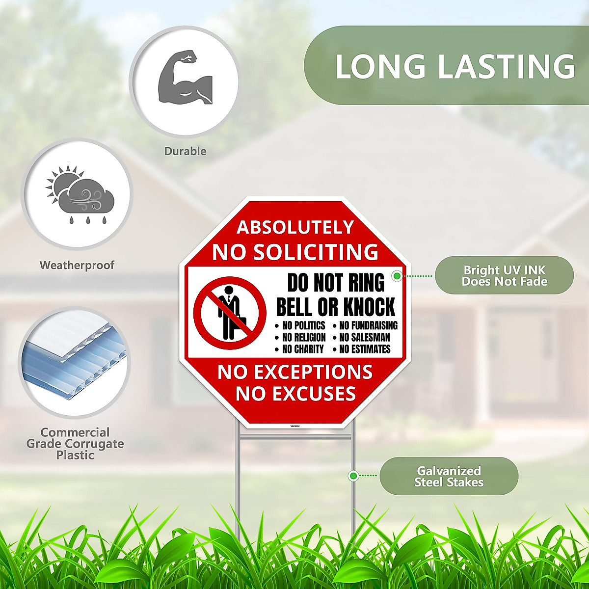 2PC No Soliciting Sign with Stake, 13 Inches by 13 Inches - Corrugated Plastic - No Soliciting No Religious No Trespassing Sign for House Yard