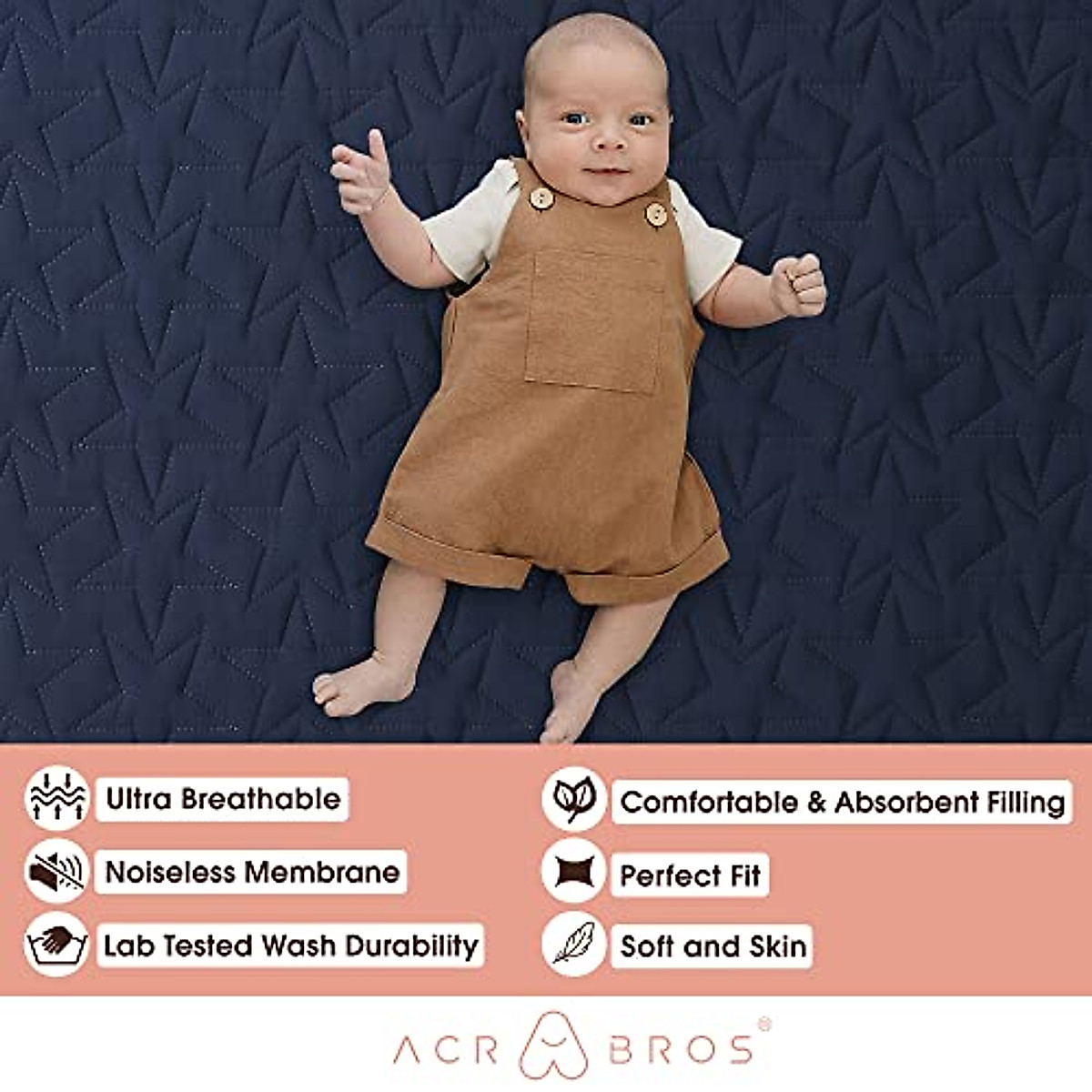 ACRABROS Pack and Play Sheets Fitted-2 Pack Waterproof Pack n Play Sheet,Mini Crib Mattress Pad Protector,Universal Fit Quilted Padded Ultra Soft, Gray & Navy Blue