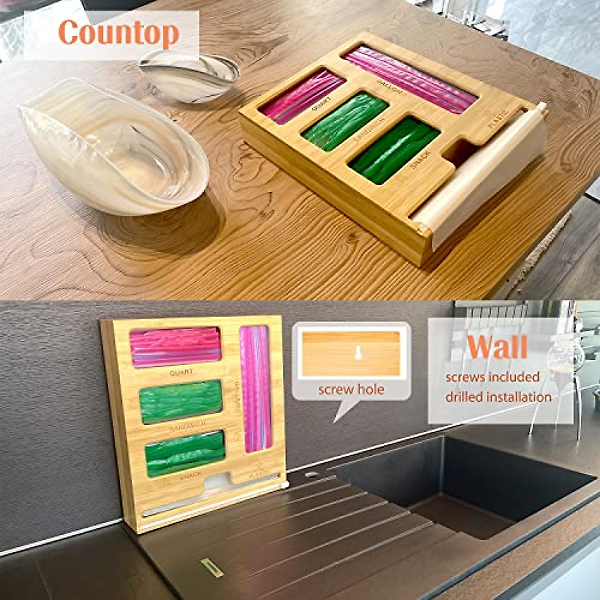 Sansnow 5 in 1 Bamboo Ziplock Bag Organizer Box and Plastic Wrap/Foil/Wax Dispenser with Cutter, Storage Box for Ziplock Bag (Gallon/Quart/Sandwich/Snack), Apply to Kitchen Drawer/Countertop/Wall