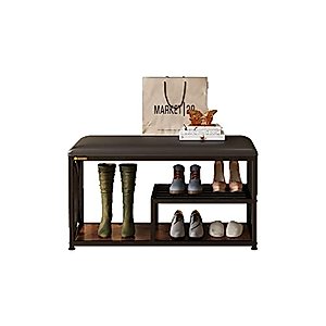 ALISENED Shoe Rack Bench for Entryway with Padded Seat,Industrial Entry Bench with Shoe Storage Shelf for Small Spaces,3-Tier Small Rustic Shoe Rack,Padded Storage Bench，Metal Frame,Space Saving