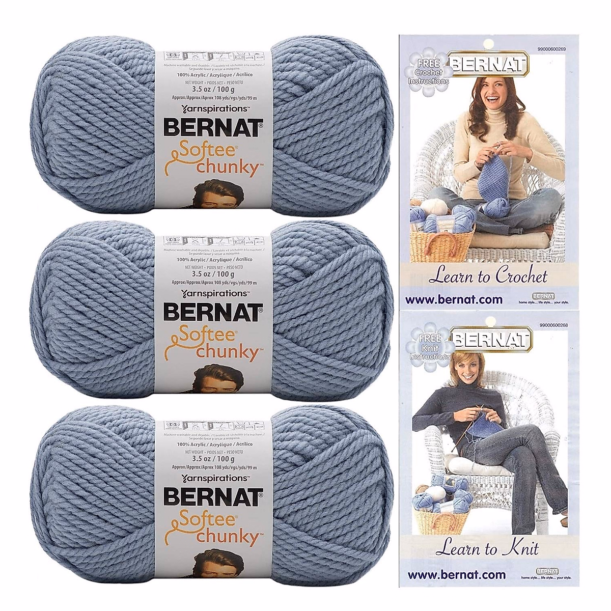 Bernat Softee Chunky Yarn Blundle Super Bulky Number 6 Gauge, 3 Skeins (Gray Blue)