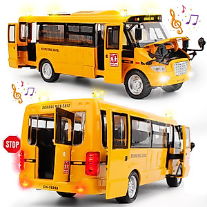 CORPER TOYS School Bus Toy Die Cast Vehicles Yellow Large Alloy Pull Back 9'' Play Bus with Sounds and Lights for Kids
