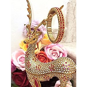 10ct HANDMADE Limited Edition ANTIQUE 1990 Reindeer Figurine LARGE FABERGE Egg Jewelry Box & Fabergé Pendant Necklace & RUBY Bracelet 24k GOLD Womens Day Deer Statue for Home Decor Reindeer Unique 14"