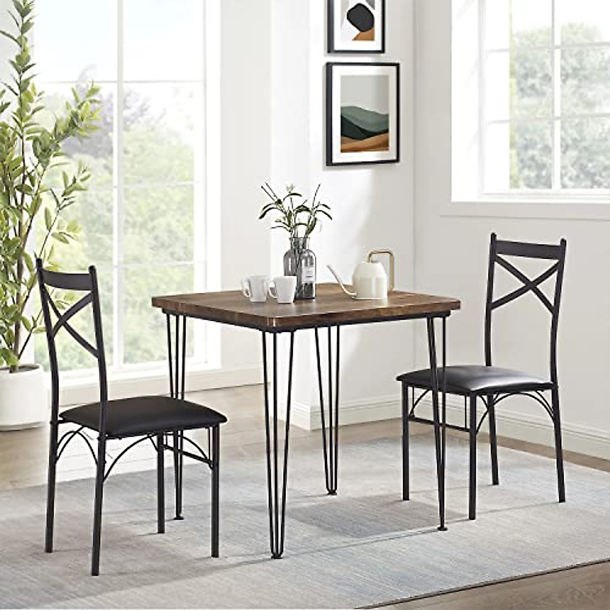 VECELO Modern Industrial Style 3-Piece Room Kitchen Pu Cushion Chair Sets for Small Space, Dining Table for 2, Retro Brown and Black