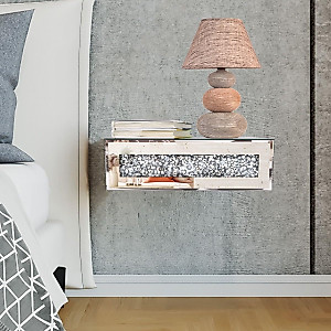 Mirrored Floating Bedside Nightstand with Drawer, Wall Mounted Silver Glass Crystal Diamond Bling Decoration Organizer for Bedroom, Living Room, Small Space, 14.5"×11.5"×4.5"