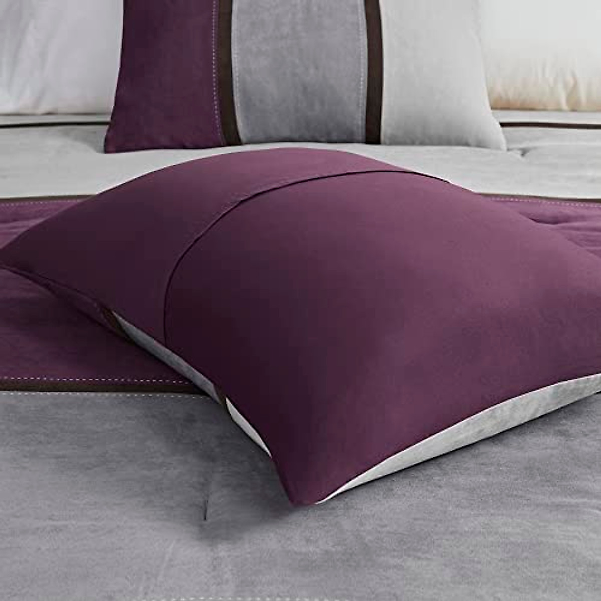 Madison Park Palisades Comforter Set Modern Faux Suede Pieced Stripe Design, All Season Down Alternative Cozy Bedding with Matching Shams, Decorative Pillows, Queen(90"x90"), Purple 7 Piece