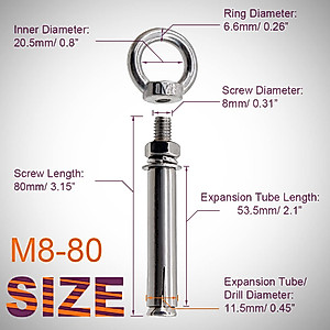 M8* 80mm Expansion Screw with Eye Ring Anchor Internal Eye Bolt Fastener 304 Stainless Steel 5 Pack (Ring Lifting Expansion Eyebolt M8* 80mm)