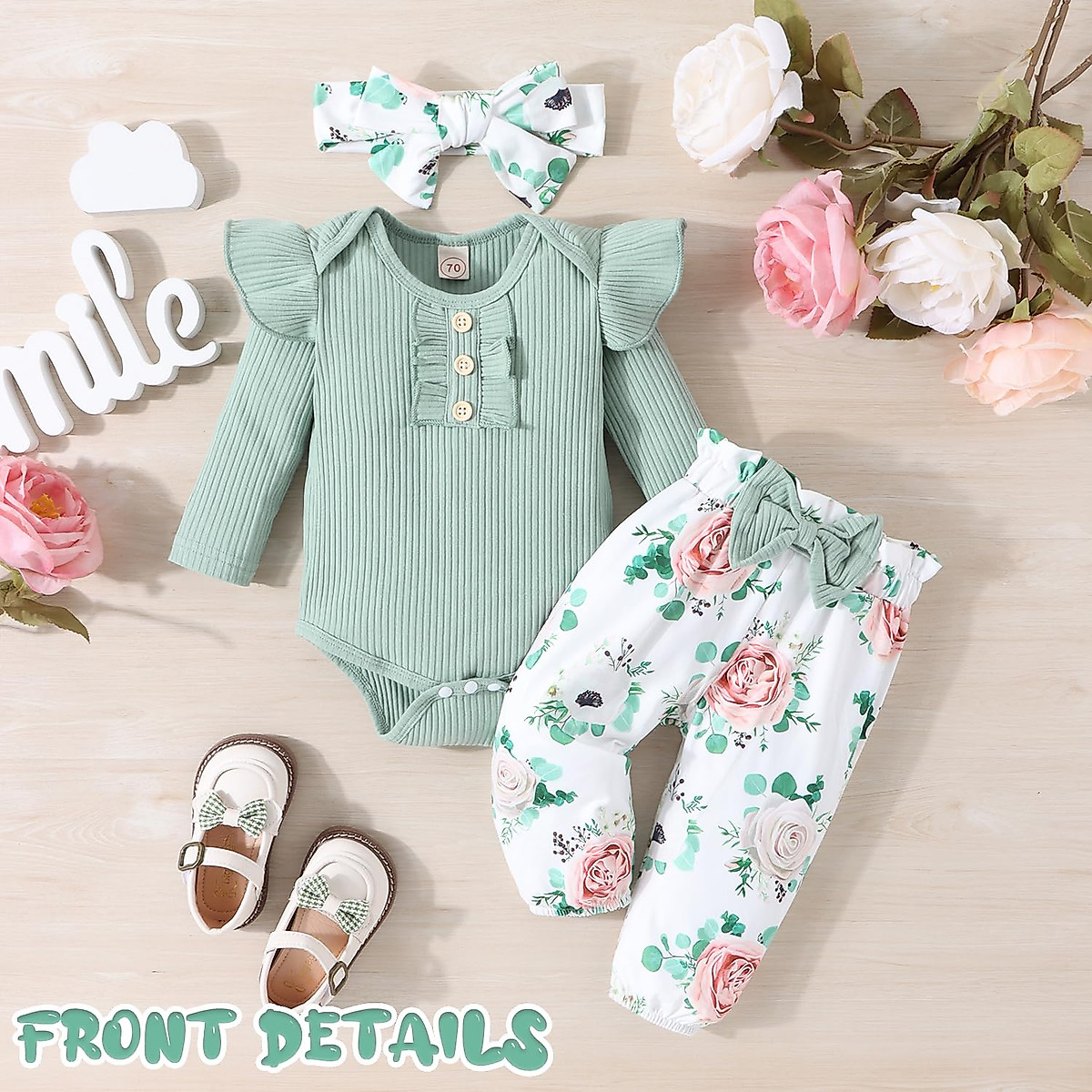 GDTOGRT Baby Girl Clothes Newborn Outfit Infant Ruffle Sleeve Romper and Floral Pants with Cute Headband Sets Baby Clothes for Girls 0-3 Months - Green