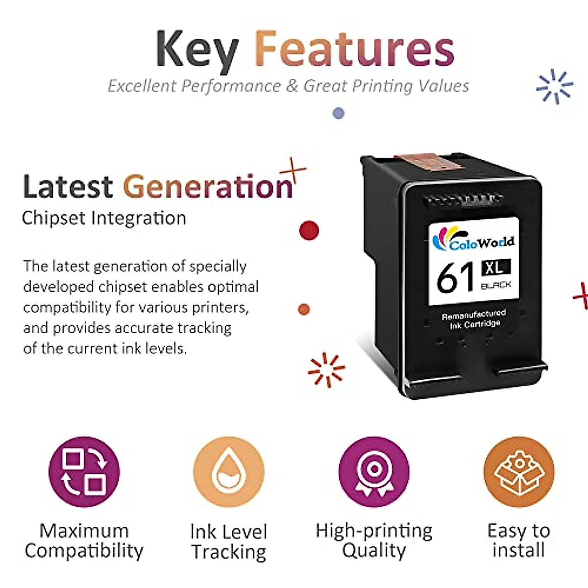 ColoWorld Remanufactured 61XL Replacement for HP 61 Ink Cartridge Fit for OfficeJet 4630 4632 Printer Envy 4500 4502 5534 5535 DeskJet 2512 3510 2542 2540 2544 3000 3050a 3052a 1055 2548 ( 1 Black )