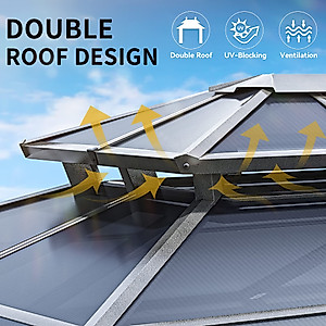 DWVO 10x12ft Hardtop Gazebo Double Roof Polycarbonate Canopy Outdoor with Netting and Shaded Curtains, Aluminum Frame Garden Tent for Patio, Backyard, Deck and Lawns