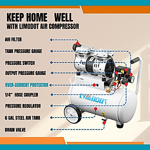 Limodot Air Compressor, Ultra Quiet Air Compressor, Only 68dB, 6 Gallon Durable Steel Air Tank, Fill In 80s, Fast 25s Recovery, Oil-Free, Ideal For Shop, Garage, Car, Pneumatic Tools