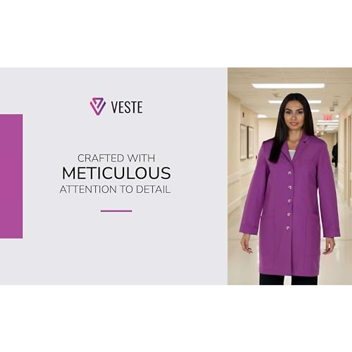 VESTE Destiny Colored Women Lab Coat - 5 Pockets 38" Long Laboratory Coat - Female Medical & Science Labcoats 12 Colors in S,M,L with Adjustable Sleeve (Purple, Small)