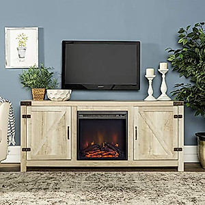 Walker Edison Georgetown Modern Farmhouse Double Barn Door Fireplace TV Stand for TVs up to 65 Inches, 58 Inch, White Oak