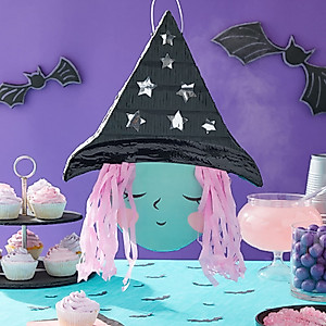 Cute Witch Pinata for Halloween Party Supplies Decorations, Silver Foil Stars Hat with Pink Hair (16 x 13 x 3 in)