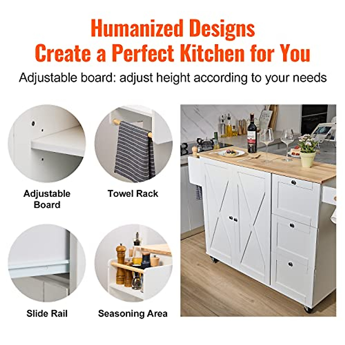 VEVOR Kitchen Island Cart with Solid Wood Top, 35.4" Width Mobile Carts with Storage Cabinet, Rolling Kitchen Table with Spice Rack, Towel Rack, Drop Leaf and Drawer, Portable Islands on Wheels, White