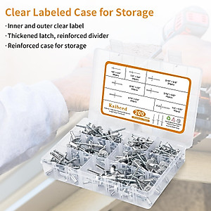200PCS Pop Rivets Assortment Kit, Kaibced Large Flange Aluminum Rivets(1/8" 3/16" 1/4") Assorted Blind Rivets with Case (Silver)