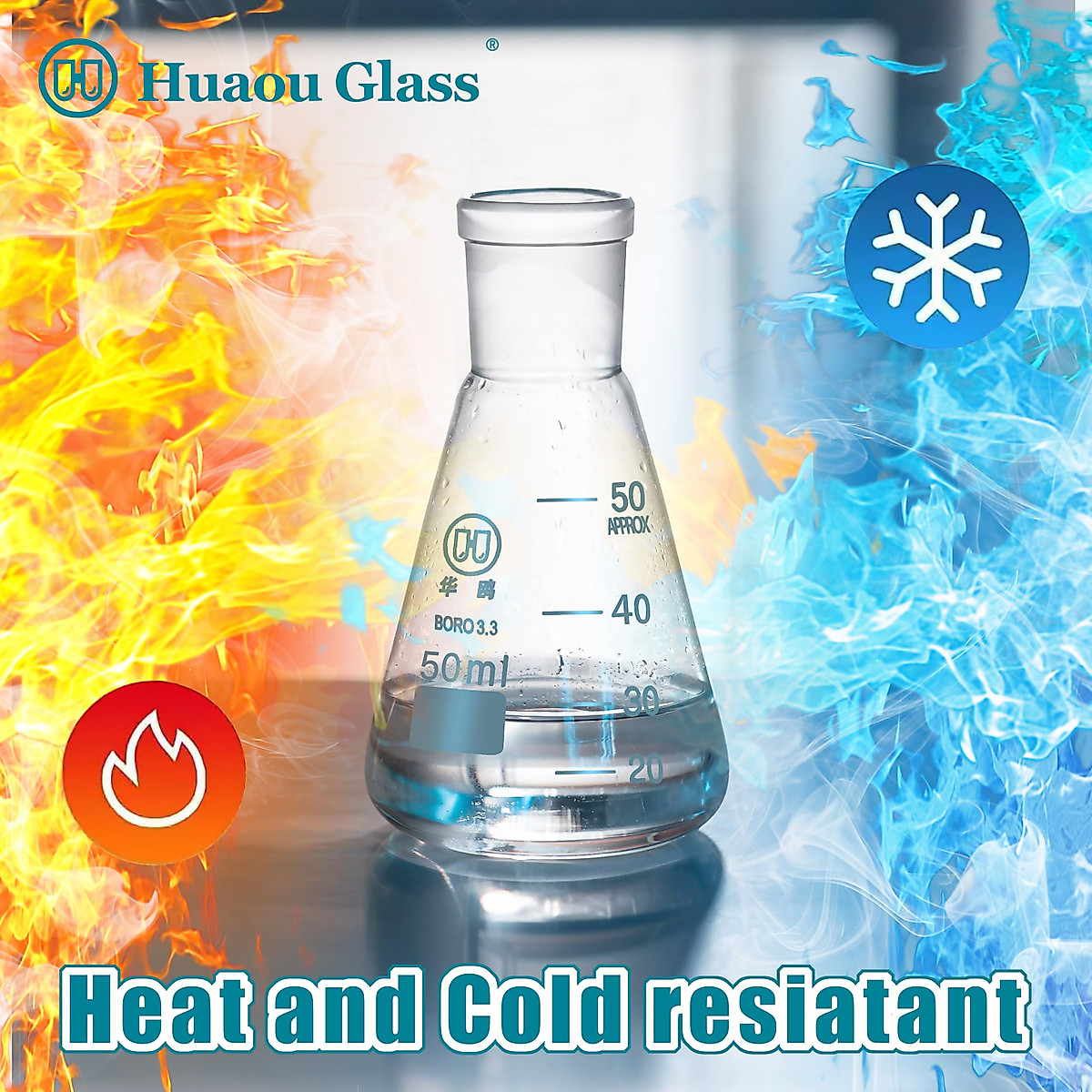 HUAOU 3pcs Glass Erlenmeyer Flask Set, 50ml 150ml 250ml Laboratory Flask with Stopper, Lab Chemistry 3.3 Borosilicate, Narrow Mouth, Printed Graduation, Conical Flask with Cleaning Brush