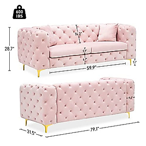 DAMAIFROM 79 Inch Sofa Couch Modern Velour Upholstered Couch Contemporary Tufted Velvet Casual Sofa High Arm and Metal Gold Legs Decor with 2 Piilows Big Comfy Couch Sofas for Living Room(Pink)