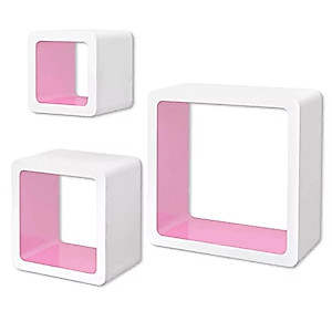 vidaXL 3pc Storage Display Floating Cube Shelves Wall Mount Matte White & Pink
