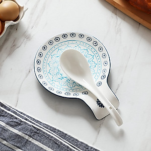 Magclay Hand Painted Spoon Rest, 5.5" Ceramic Spoon Holder for Stove Top and Kitchen Counter, Blue Pattern Utensil Rest, Great Cooking Gifts for Friends, Modern Kitchen Decorative