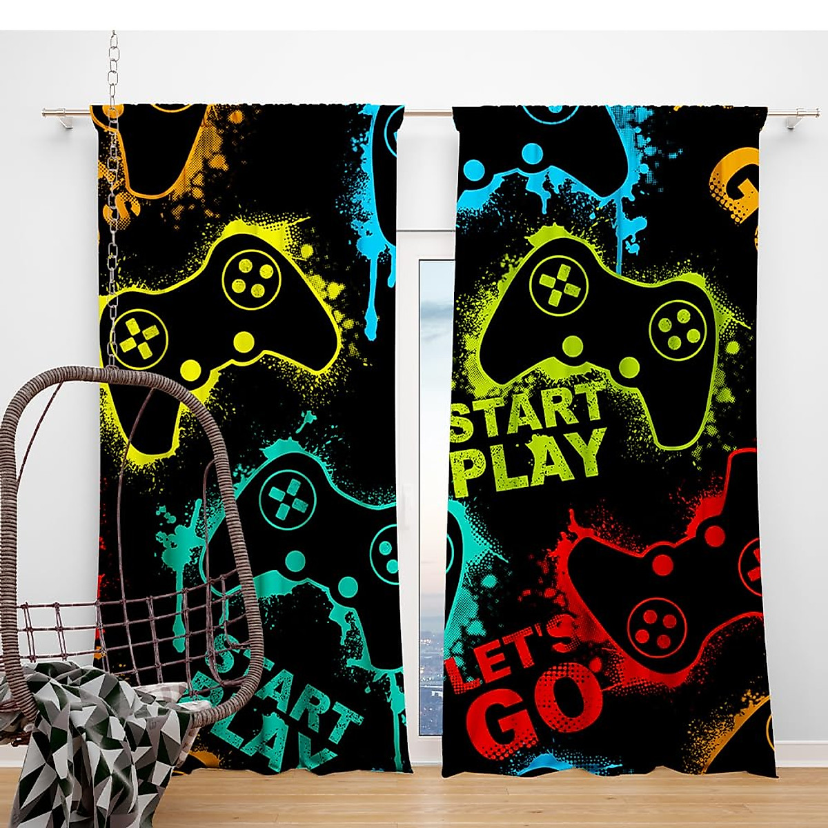 DOTOOMA 82x84 Inches Neon Gamepad Game Window Curtains Start Play Teen Boys Modern Gaming Video GameRoom Bedroom Living Room Decorations Home Window Treatments Drapes 2 Panel