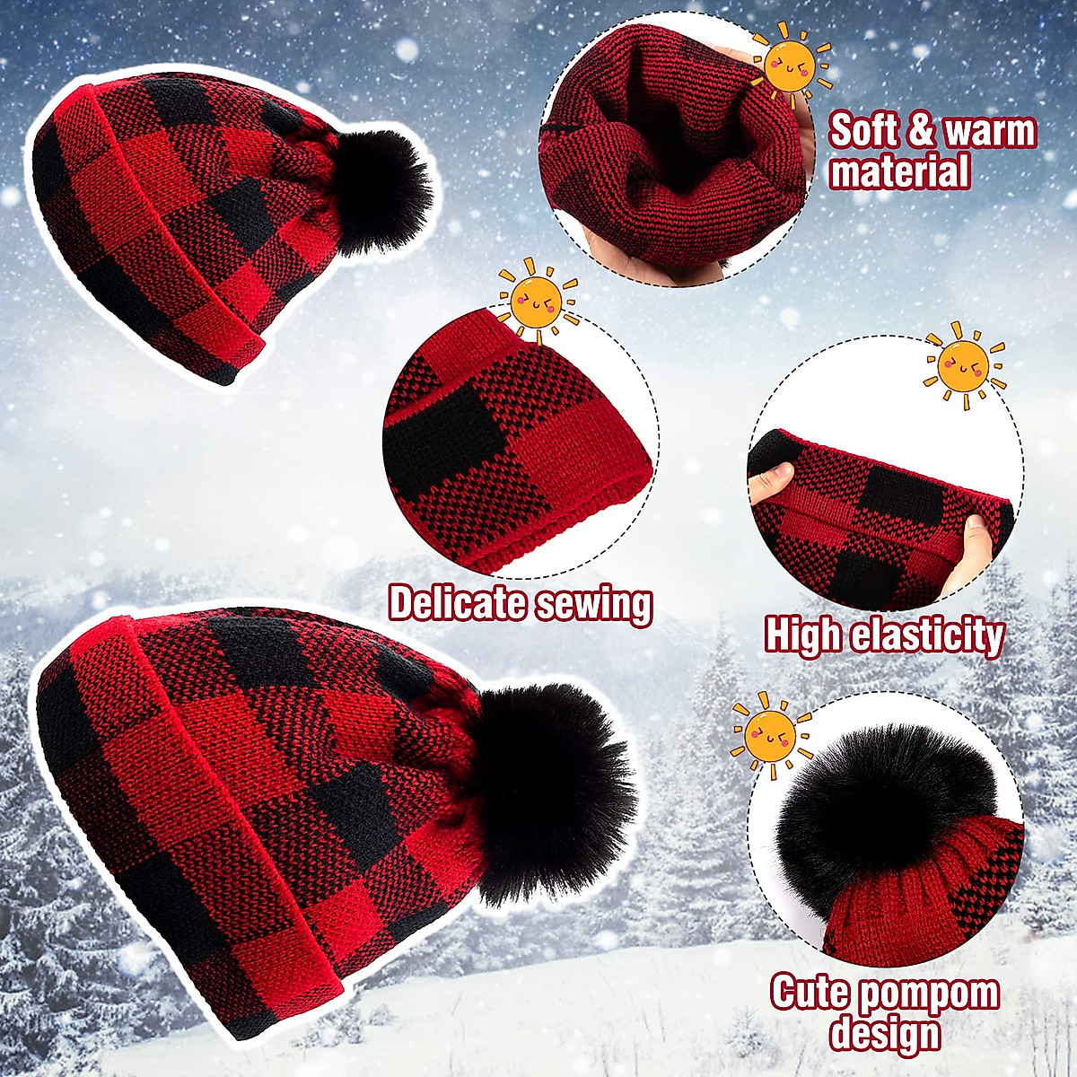 2 Pcs Parent-Child Hats with Pom Pom - Knitted Mom and Baby Matching Outfits Winter Warm Beanie Hats Soft Crochet Caps for Women Kids Christmas Red