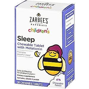 Zarbee's Kids 1mg Melatonin Chewable Tablet, Drug-Free & Effective Sleep Supplement, Easy to Take Natural Grape Flavor Tablets for Children Ages 3 and Up, 30 Count