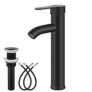 gotonovo Bathroom Sink Faucet Lavatory Vanity Mixer Bar Tap Combo Single Hole Single Handle Deck Mount with Water Supply Lines Matte Black Vessel with Metal Pop Up Drain