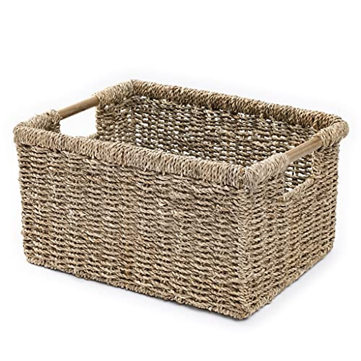 Teri Tale Seagrass Storage Baskets with Wooden Handles, Rectangular Wicker Baskets for Organizing - Decorative Wicker Storage Basket for Living Room (Large)