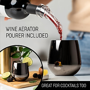 Wills and Elm Black Wine Glasses - Stemless Stainless Steel Wine Glasses Set of 4 with Aerator - Metal Wine Glass - Stainless Steel Wine Glass - Unbreakable Wine Glasses - Outdoor Wine Glasses - 18oz