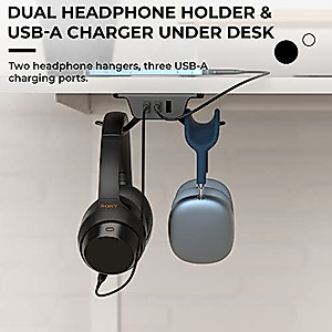 HumanCentric Hook and Charge Headphone Hanger with USB Charger, Under Desk Headphone Mount + Headphone Stand, Charge Accessories with 3 USB A Ports, Hook Headphones on Headset Holder Desk Hook, Black