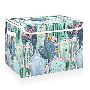 CaTaKu Cactus Cacti Floral Storage Bins with Lids Fabric Large Storage Container Cube Basket with Handle Decorative Storage Boxes for Organizing Clothes Shelves