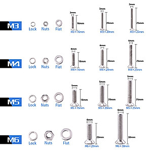Glarks 665Pcs 304 Stainless Steel M3 M4 M5 M6 Phillips Flat Head Machine Screws Bolts Nuts and Flat Gasket Spring Washers Assortment Set, Full Thread