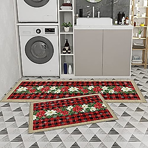 Poinsettia Flower Kitchen Mats Anti Fatigue 2 Piece, Kitchen Mats for Floor, Comfort Mat for Kitchen Floor, Non Skid Mats for Kitchen,Office,Sink,Oven,Laundry, Christmas Farmhouse Red Black Check
