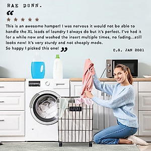 Rae Dunn Heavy Duty Laundry Hamper on Wheels - Black Metal Wire Basket with Liner - Portable Laundry Basket with Removable, Washable Cloth Liner - Laundry Room Accessories