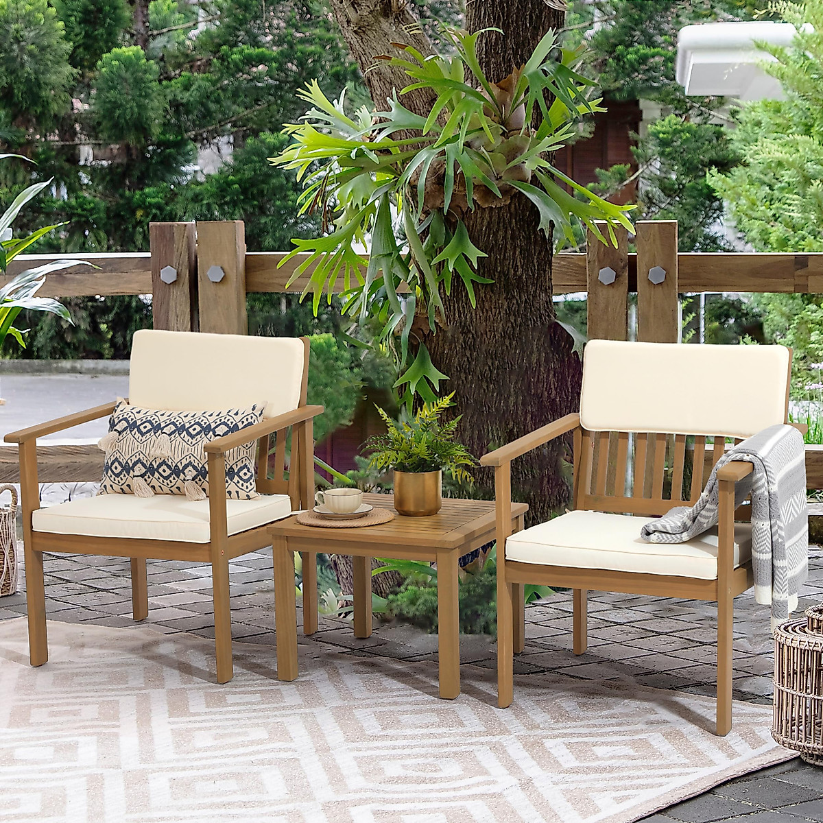 SUNSITT Patio Set 3 Piece Acacia Wood Outdoor Patio Furniture Set FSC Certified Bistro Table and Chairs with Cream White Cushions for Balcony, Porch, Backyard