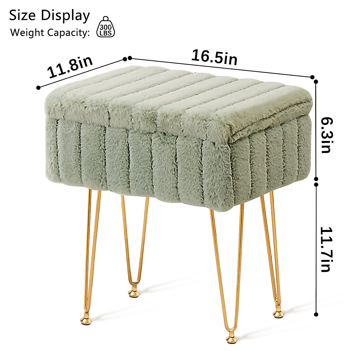Wimarsbon Faux Mink Fur Storage Ottoman, Modern Soft Footstool, Storage Bench with Metal Legs, Vanity Seat, Fur Stool, Ottoman Coffee Table, Makeup Chair, Vanity Stools for Bedroom (Light Green)