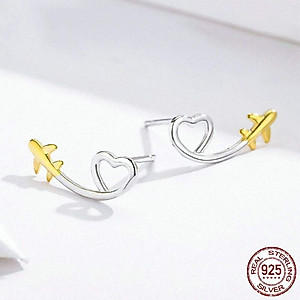 925 Sterling Silver Earrings for Women Heart-Shaped Airplane Small Earrings Stud Trendy Unique Aesthetic Dainty Minimalist Hippie Kpop Earrings Bulk