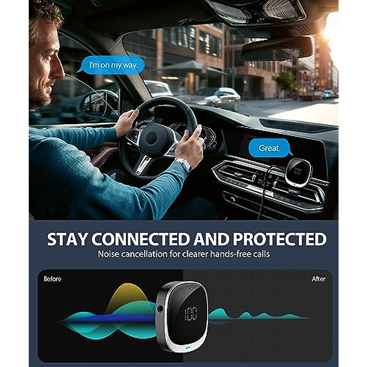 COMSOON AUX Bluetooth Adapter for Car, [LED Screen] Bluetooth 5.3 Receiver for Speaker/Home Stereo/Wired Headphones, Noise Cancelling Wireless Audio Receiver for Hands-free Call/Music, Dual Connection